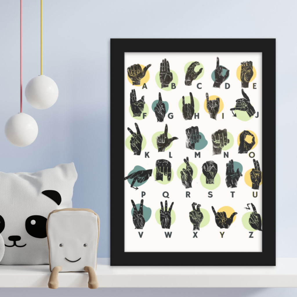 Poster Alphabet en LSF Encadré - formes géométriques bleu jaune vert ...