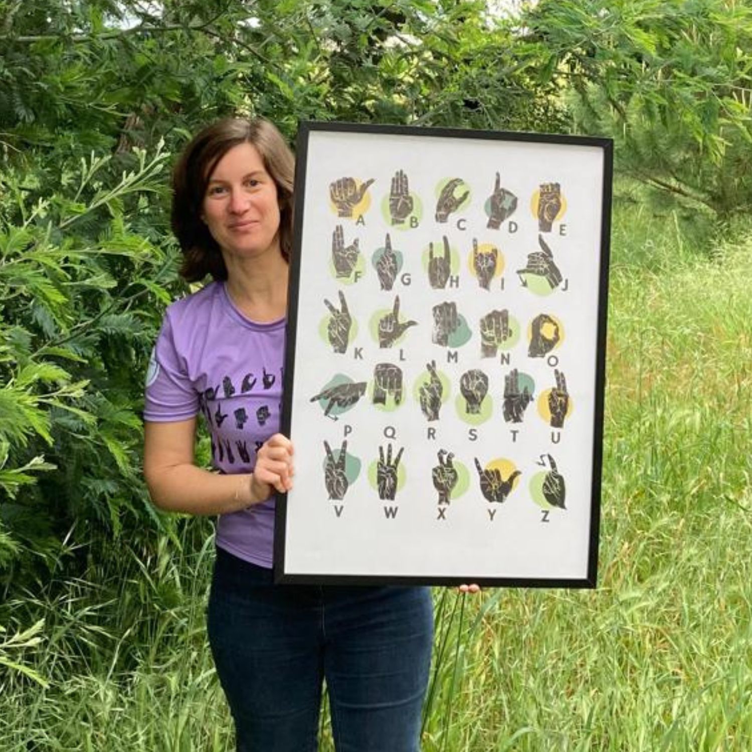 Poster Alphabet en LSF Encadré - formes géométriques bleu jaune vert ...